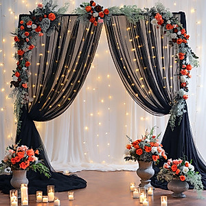 Black Sheer Backdrop Curtains with Lights String for Birthday Party 10ft × 8ft Black Tulle Backdrop Curtain for Baby Shower Halloween Photo Shoot Decorations