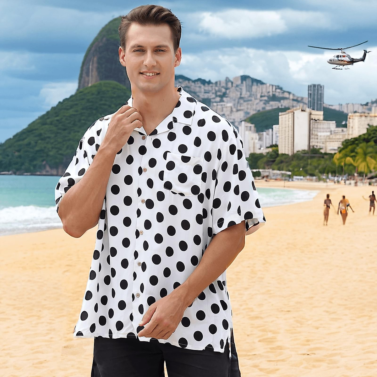 DOKKIA Men's Casual Tropical Floral Short Sleeve Luau Beach Aloha Hawaiian Shirt Polka Dot White Black XX-Large