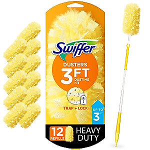 Swiffer Dusters Heavy Duty Extender Handle Starter Kit (1 Handle, 12 Dusters)