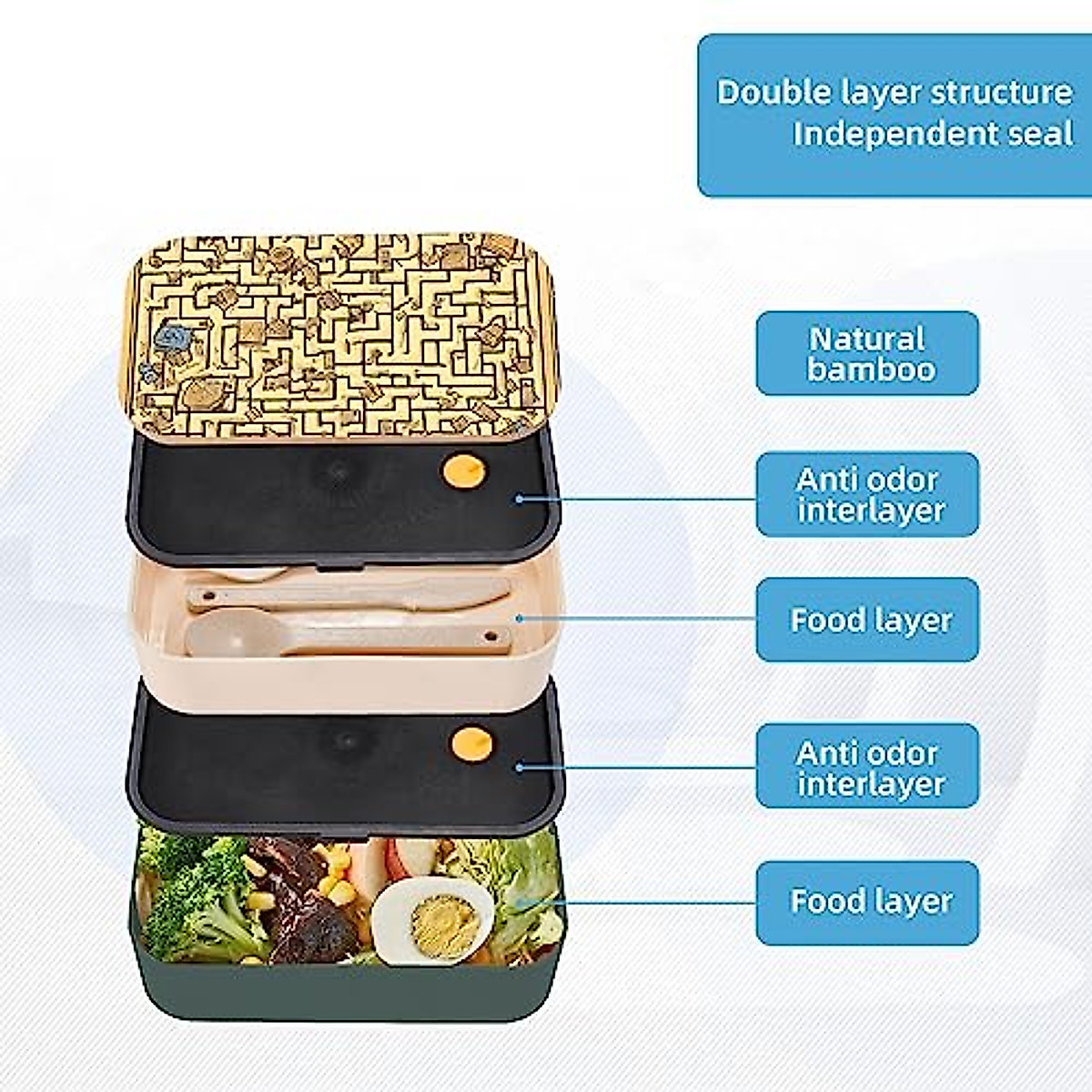 Treasure Maze Adult Lunch Box, Bento Box, With Cutlery Set Of 3, 2 Compartments, Rectangular, Lunch Box For Adults
