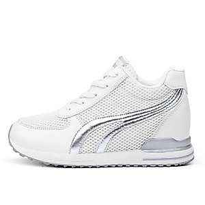 AONEGOLD Womens Hidden Wedges Shoes High Heeled Lightweight Mesh Sneakers Casual Walking Shoes Tennis Chic(Size 41, White)