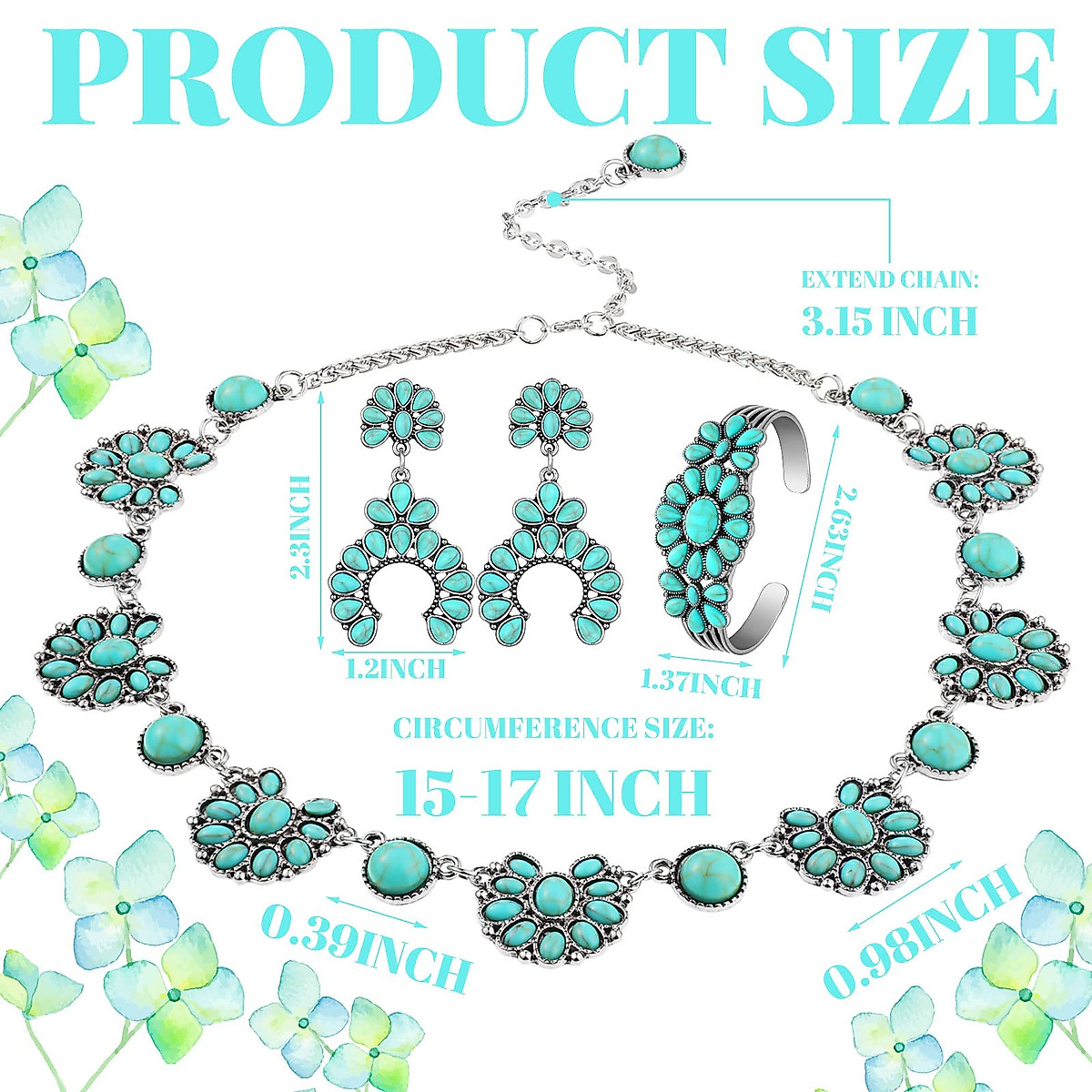 3 Pcs Turquoise Jewelry for Women Turquoise Jewelry Set Silver Bohemian Turquoise Jewelry Necklace Western Jewelry Vintage Turquoise Dangle Earrings Bracelet Turquoise Pendant Necklace for Women Boho