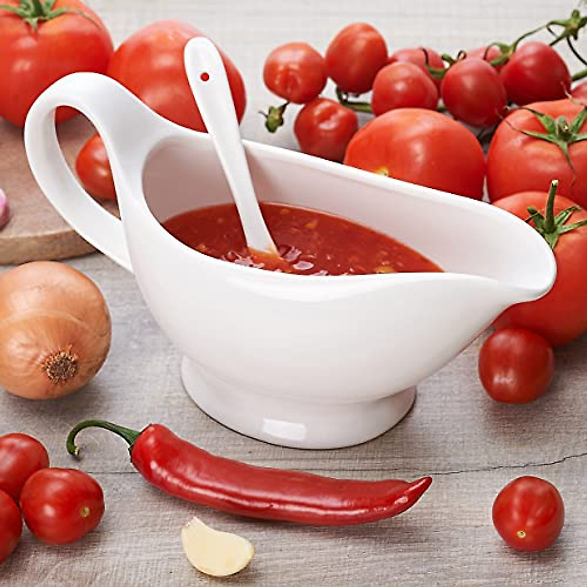 MaKar Gravy Boat, 15 oz, Spoon, Gravy Boat for Salad Dressings Milk, Sauce, Broth, Creamer, Microwave & Dishwasher Safe