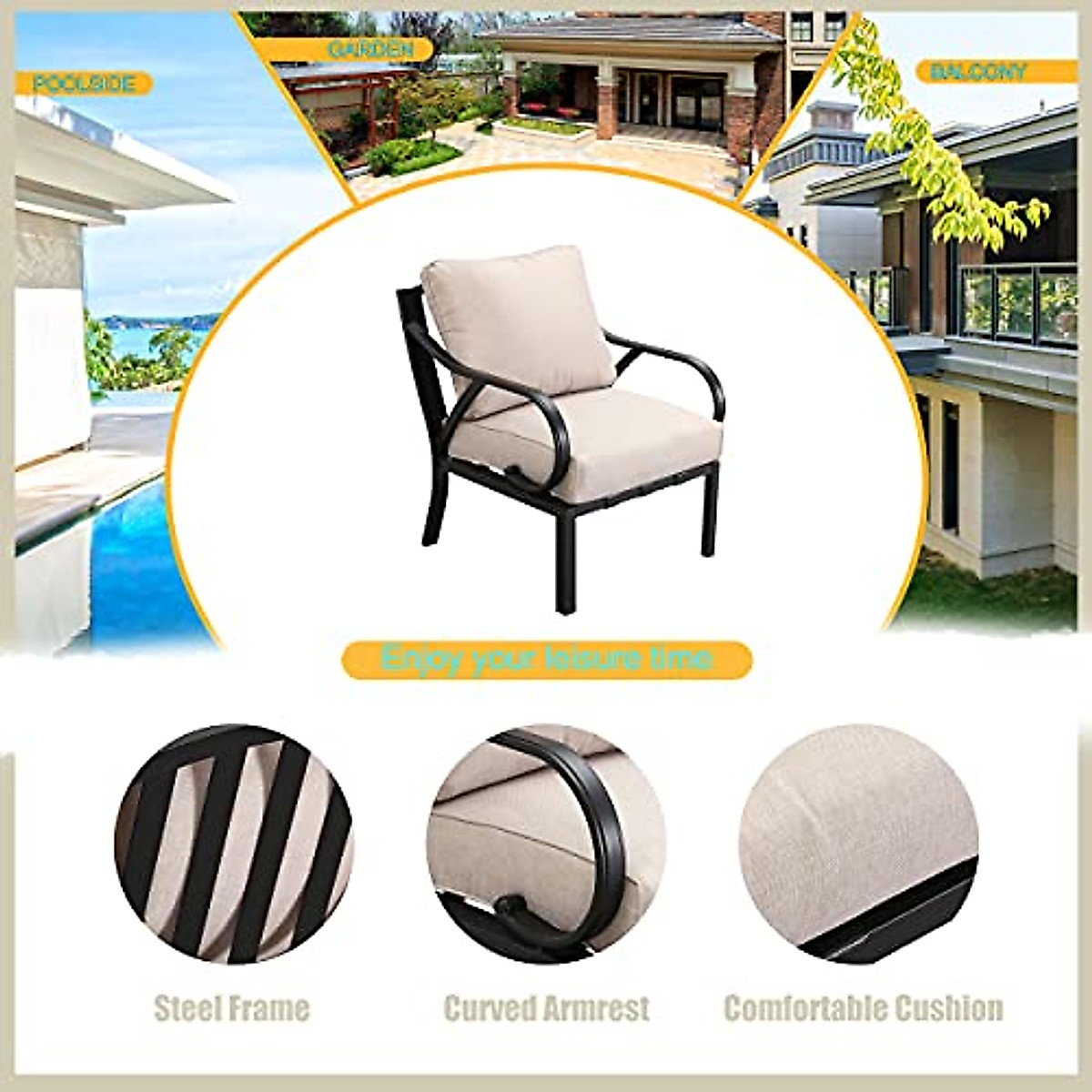 LOKATSE HOME Outdoor Dining Chair Patio Bistro Furniture Metal Single Armchair with Cushion, Beige