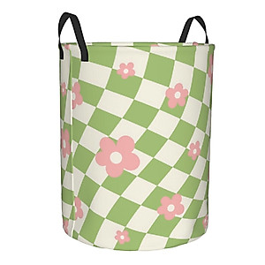 Green Pink Checkered Floral Laundry Basket Waterproof Collapsible Round Laundry Hamper Toys Clothes Organizer Gift Basket For Room Small