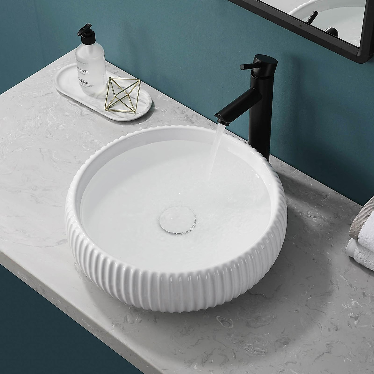 Davivy 16.5'' Round Vessel Sink with Pop Up Drain,Bathroom Vessel Sinks,Round Bathroom Sink,Ceramic Vessel Sink,Bathroom Sinks Above Counter,White Vessel Sink,Counter top Sink,Round Sinks for Bathroom