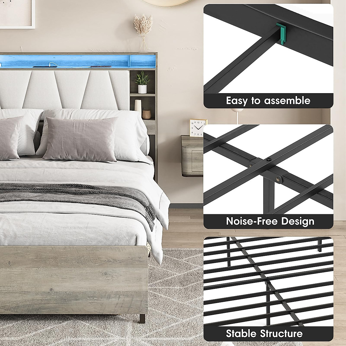 Full Size Bed Frames with Storage Headboard and LED Lights, Upholstered Platform Bed with Charging Station, Storage Space Under The Bed, Steel Slat Support, No Box Spring Needed, Noise Free