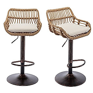 Kakotito Rattan Bar Stools, Adjustable Barstools with Linen Cushion, 360° Swivel Bar Stool with Low Back & Footrest, Classical Barstool Set of 2 for Kitchen and Bar (Brown)