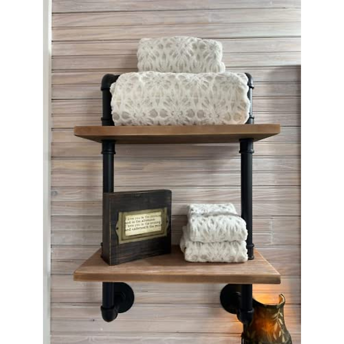 ROGMARS Industrial Pipe Floating Bathroom Shelves Rustic Wood Ladder Bookshelf Wall Mounted Rustic Wood Shelf for Living Room Decor and Storage 15 inch (2 Tier)