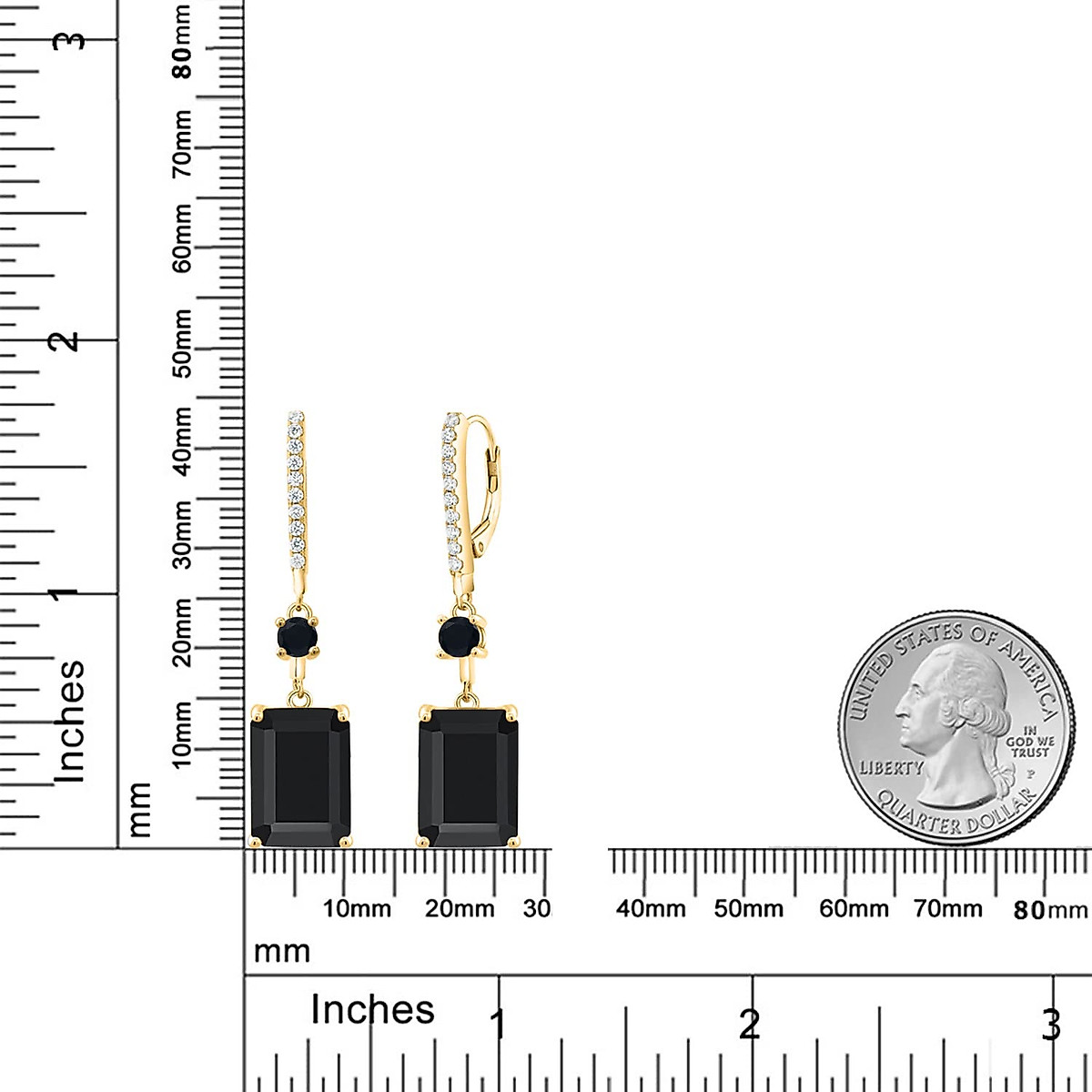 Gem Stone King 18K Yellow Gold Plated Silver Black Onyx Earrings For Women (13.94 Cttw, Gemstone Birthstone, Emerald Cut 14X10MM)