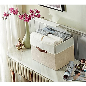 DECOMOMO Foldable Storage Bin with Lids [3-Pack] Collapsible Sturdy Cationic Fabric Storage Basket Box Container W/Handles for Organizing Shelf Nursery Linen (Beige and White, 15 x 11 x 11” – 3 Pack)