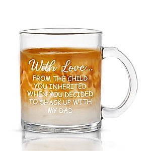DAZLUTE Funny Glass Coffee Mug Gifts for Stepmom, With Love from the Child You Inherited Clear Coffee Cups with Handle, Mother’s Day Christmas Birthday Gifts for Stepmom Stepmother, 11 Oz