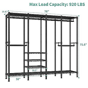SEMHOR S5 Clothes Rack Heavy Duty Clothing Rack with 7 Shelves & 4 Hang Rods, Freestanding Metal Garment Racks for Hanging Clothes, Black Portable Wardrobe Closet 15.8"W X 76"L X 75.6"H, Load 920LBS