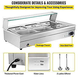 110V Electric Countertop Food Warmer - 6 Pan x 1/2 GN, Commercial Food Steam Table with 6-Inch Deep Pans, Food Grade Stainless Steel, 1500W, 66 Quart Capacity, Tempered Glass Shield