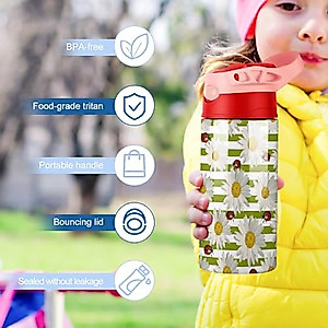Kids Water Bottle with Straw Lid White Daisies And Ladybugs Print 12 Oz/350 Ml Stainless Steel Reusable Thermos Bottles