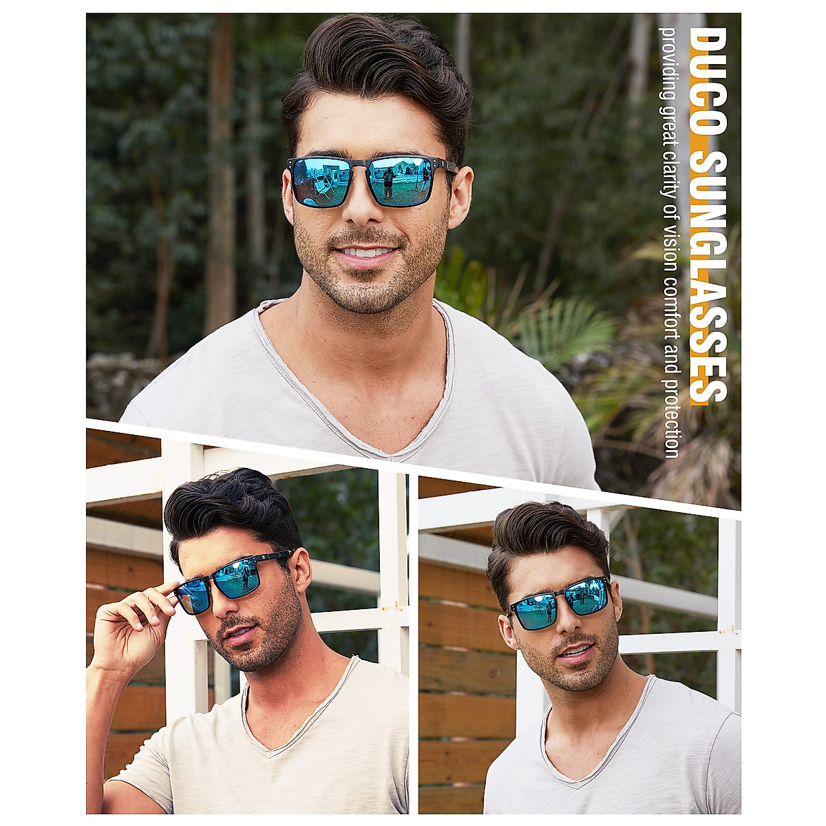 DUCO Retro Square Polarized Sunglasses for Men Vintage Sun Glasses Fishing Shades UV Protection Carbon Fiber DC8208 (Black Frame Revo Blue Lens)