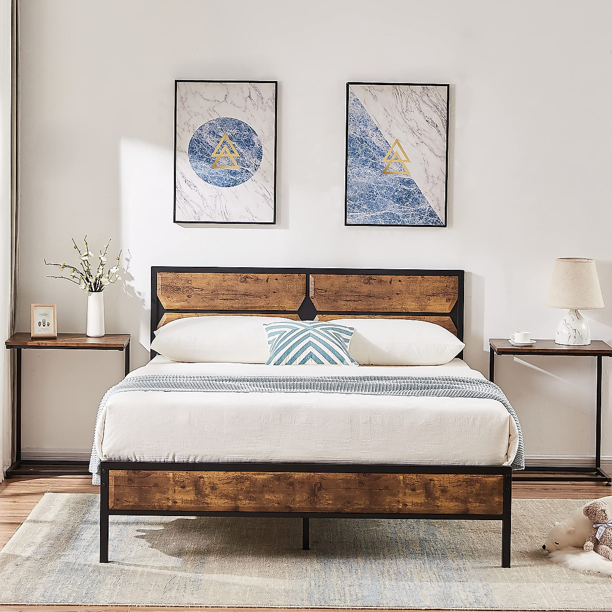 VECELO Full Bed Frame Metal Platform with Wooden Headboard & Footboard Mattress Foundation Strong Metal Slats Support No Box Spring Replacement/Easy Assemble