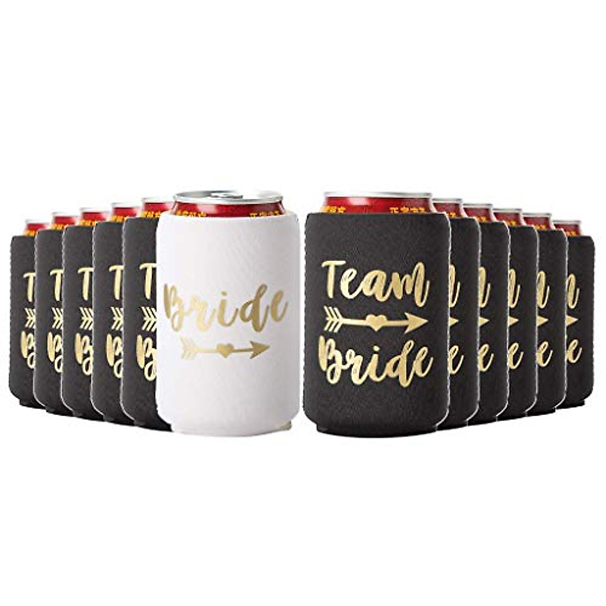 Bride & Team Bride Bachelorette Party Can Coolers, Set of 12 Double Sided White and Mint Green Beer Can Coolies, Perfect Bachelorette Party Decorations and as Brides Maid Gifts (Black)