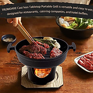 TRUMDAKE Cast Iron Japanese mini hibachi grill individual Tabletop Portable Grill camping cooking Yakiniku grill skillets BBQ Alcohol Stove Roasting grill （7" Diameter）