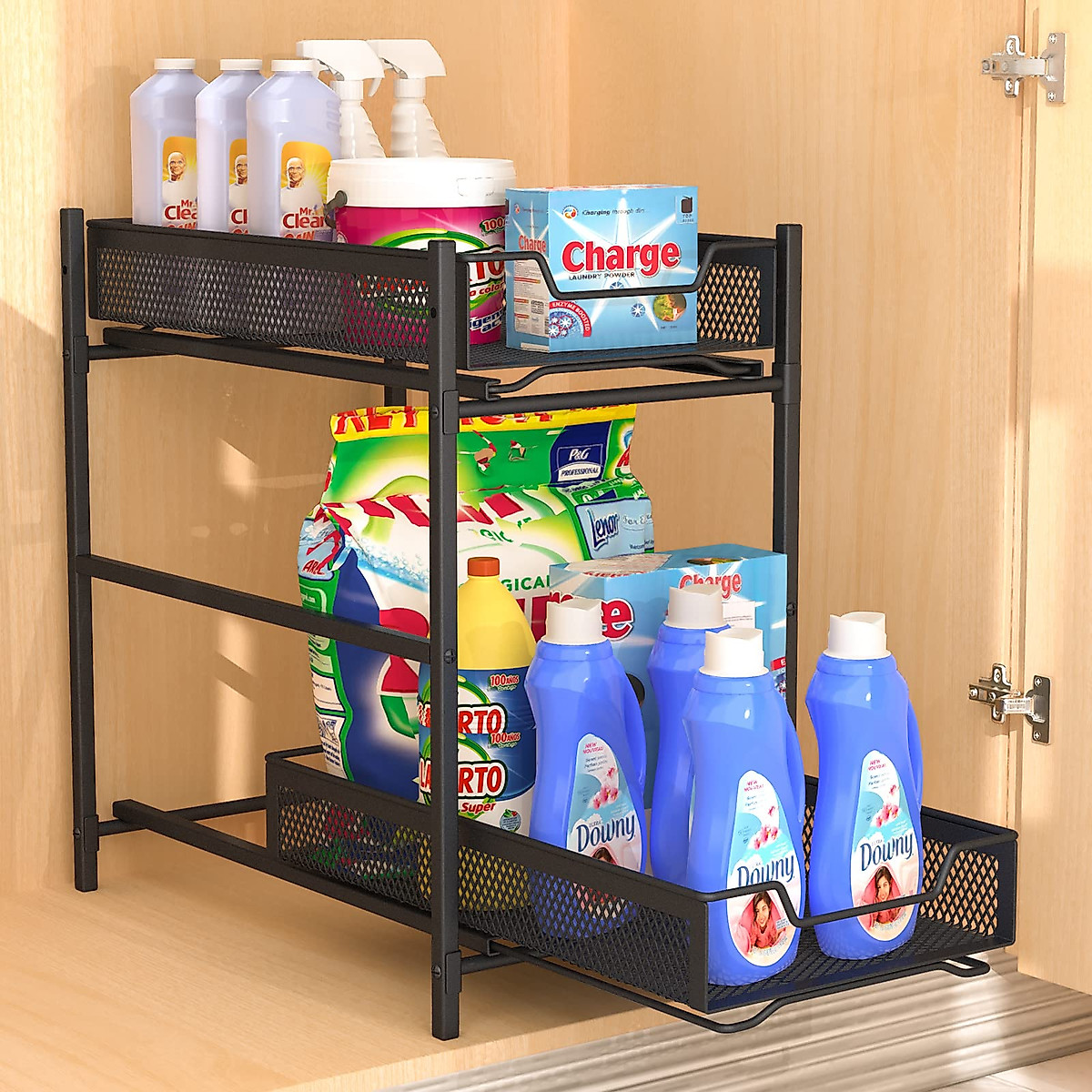 Housolution Under Sink Organizer and Storage, 2 Tier Metal Slide Out Under Cabinet Organizer with Stoppable Drawer, Height Adjustable Under Sink Shelf for Kitchen and Bathroom, Black