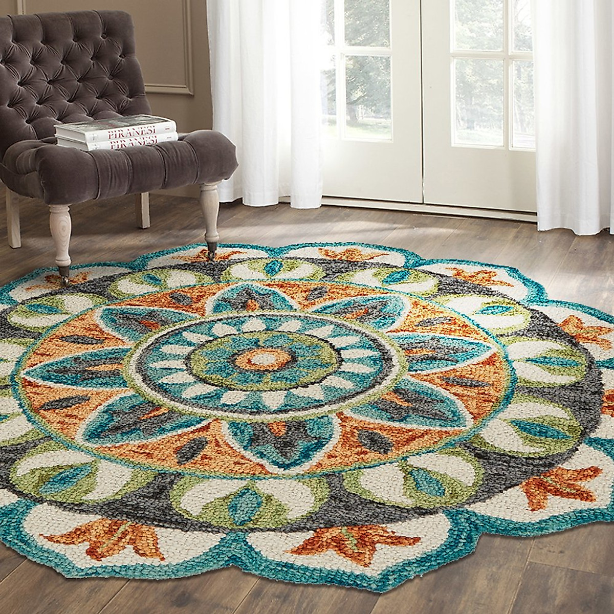 L.R. Resources, Inc Lizett Area Rug, 4' Round, Rust/Teal