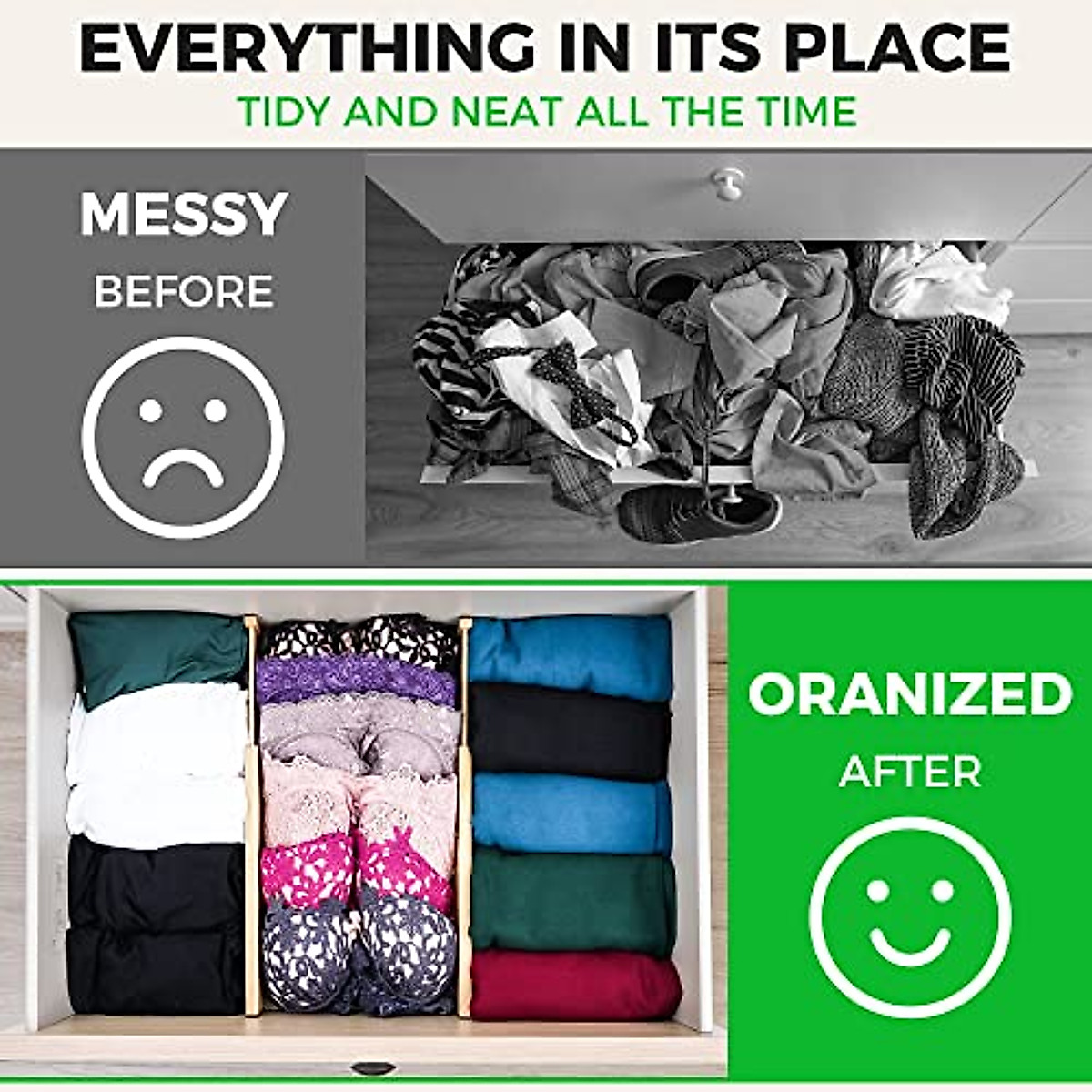 Bamboo Drawer Dividers Organizer with Inserts, Expandable from 12.5-21.7", Adjustable Drawer Organizer Separators for Utensils, Dresser, Bedroom, Bathroom, Closet, Clothing, Office (Beige)