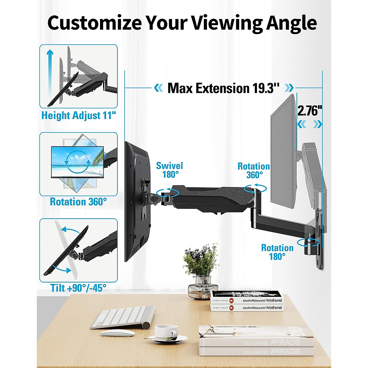 MOUNTUP Single Monitor Wall Mount for Max 32 Inch Computer Screen, Fully Adjustable Gas Spring Monitor Arm, Wall Mounted Monitor Holder Support 2.2-17.6lbs Display, VESA Bracket Fit 75x75mm, 100x100mm
