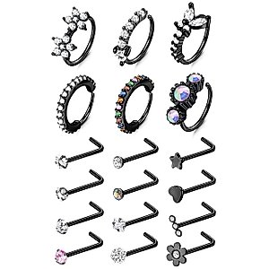 MUSECLOUD 20G Black Nose Rings For Women Men 6pcs Stainless Steel Nose Rings Hoops 12pcs L Shape Nose Rings Studs Heart CZ 8mm Cartilage Hoop Flower Star Nose Piercing Jewelry (Black)