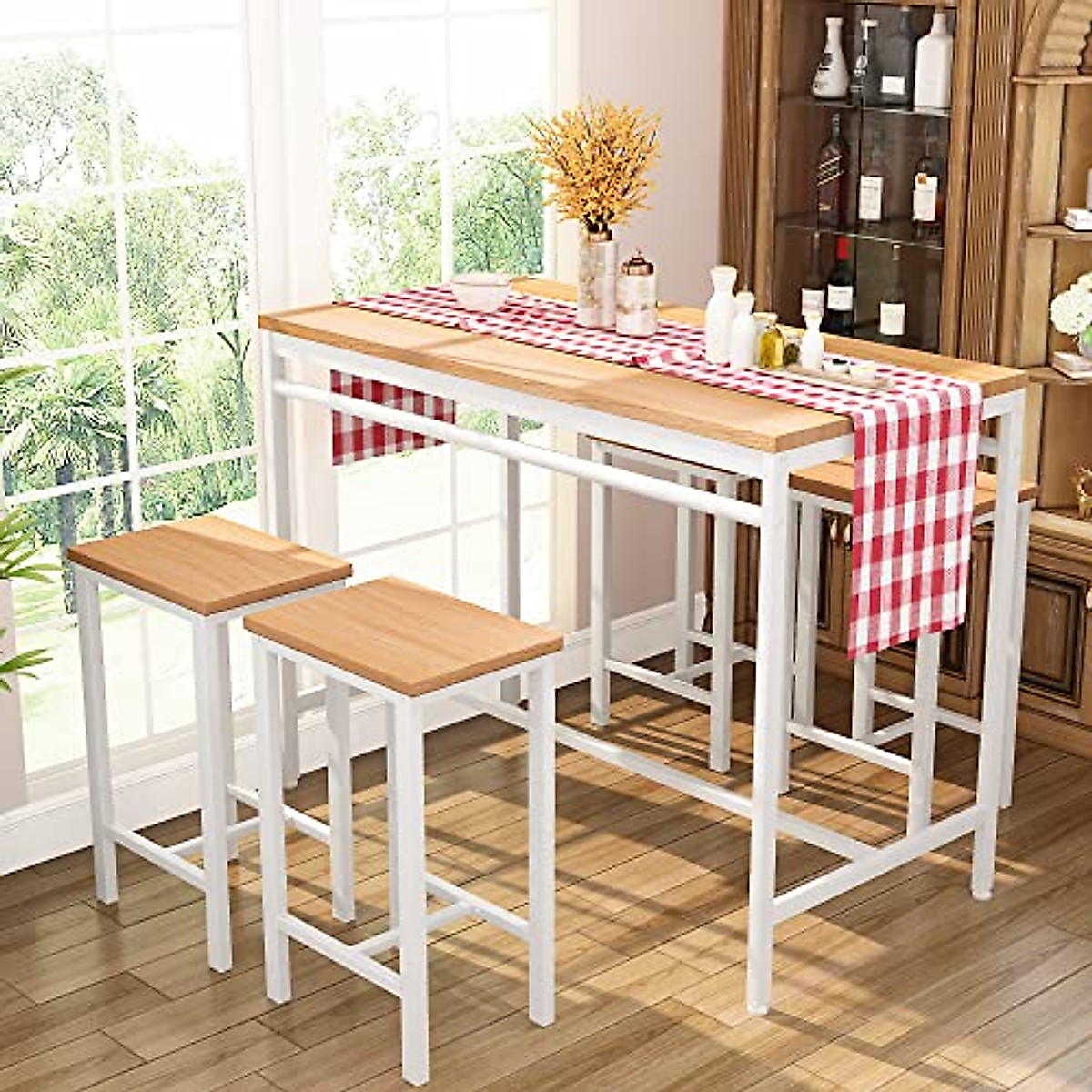Recaceik Dining Table Set for 4 Kitchen Table and Chairs Set of 4, 5 Pieces Bar Table Set with 4 Stools Counter Height Dining Room Table with Metal Legs for Dinette Breakfast Nook, 47'' Walnut