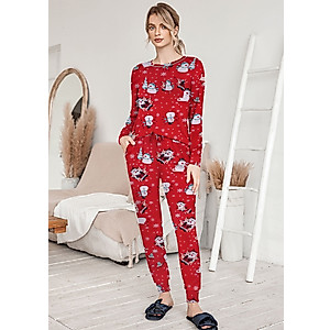 Ekouaer Pajamas Women's Long Sleeve Pj Set Soft 2 Piece Loungewear Sleepwear with Jogger Pants Christmas Print,L