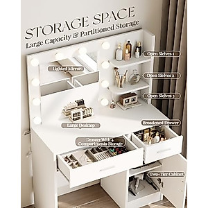 LIVELYGLOW Vanity Desk with Mirror and Lights, Makeup Vanity with Drawer & Storage Shelves, Cabinet, 3 Lighting Modes Adjustable Brightness, Bedroom Dressing Table, White