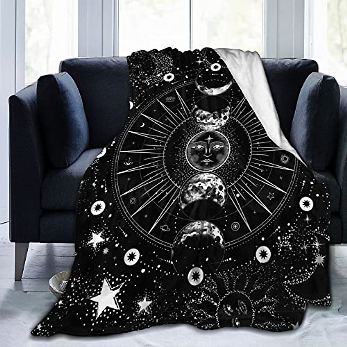Sun and Moon Black and White Soft Throw Blanket All Season Microplush Warm Blankets Lightweight Tufted Fuzzy Flannel Fleece Throws Blanket for Bed Sofa Couch 80"x60"