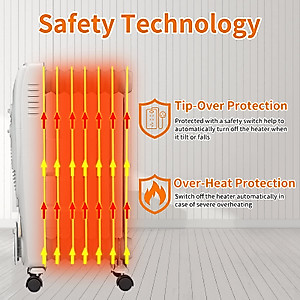 ZAFRO Oil Filled Radiator Heater, 1500W Portable Space Heater with Adjustable Thermostat, Oil Heater with 3 Heat Settings, with Tip-Over & Overheat Protection for Indoor, Room, Office and Home Grey