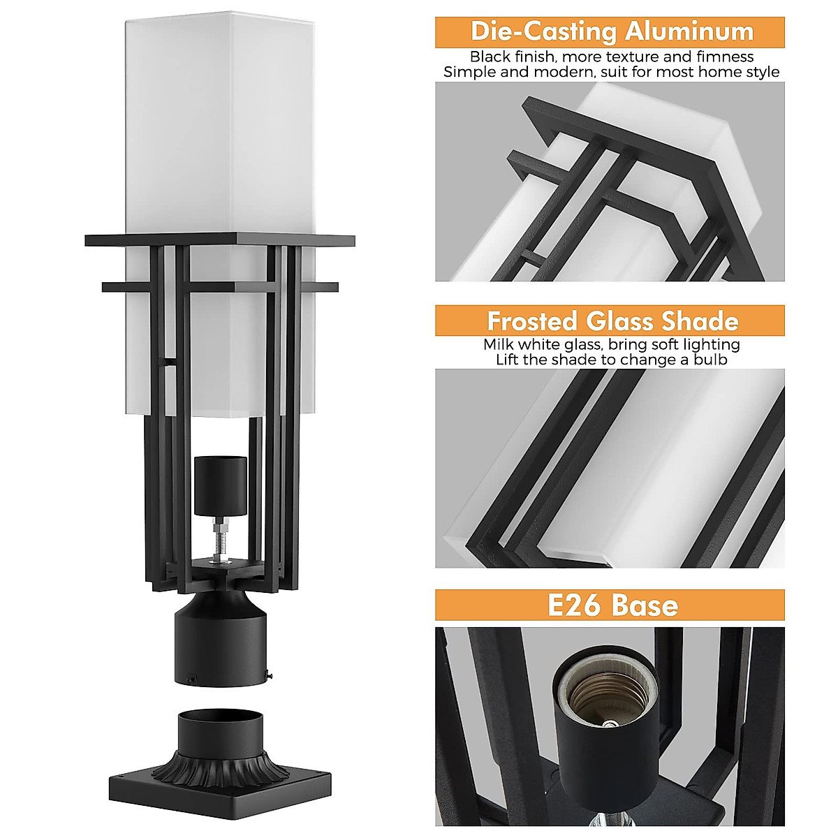 Yoenecea Outdoor Post Light Fixture - Aluminum Lamp Posts Outdoor Lighting, Outdoor Lightpost Lantern with 3-Inch Pier Mount Base Outside Pole Lighting for Porch Garnden (22''H, 1 pc)