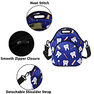 Violet Mist Neoprene Dental Lunch Bags with Shoulder Strap Lunch Totes for Women Men Kids Insulated Thermal Lunch Box Reusable Bento Bag Pocket Zipper for Docter Work Picnic Travel, Blue Teeth