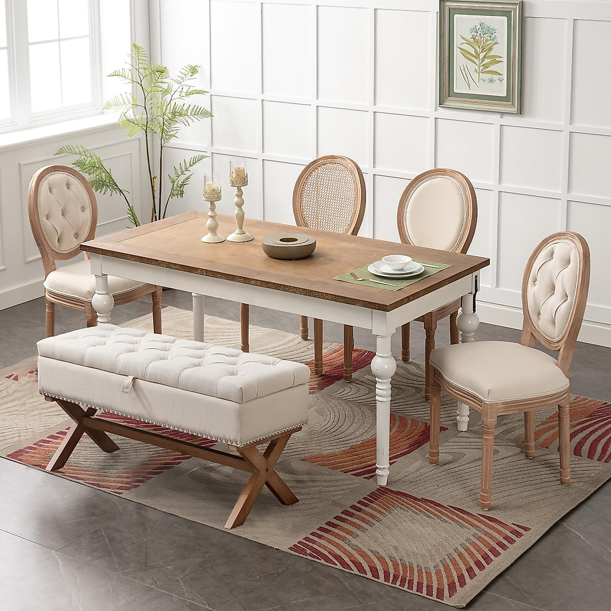 Bonzy Home Tufted Entryway Storage Bench, 36" French Vintage Bedroom Dining Room Benches with X-Shaped Legs, Fabric End of Bed Bench for Bedroom Dining Room Living Room Entryway, Beige