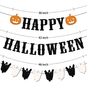 Glitter Happy Halloween Banner Black and White Ghost Garland Happy Halloween Garland With Pumpkin Halloween Garland for Mantle Happy Halloween Fireplace Banner For Halloween Party Decorations