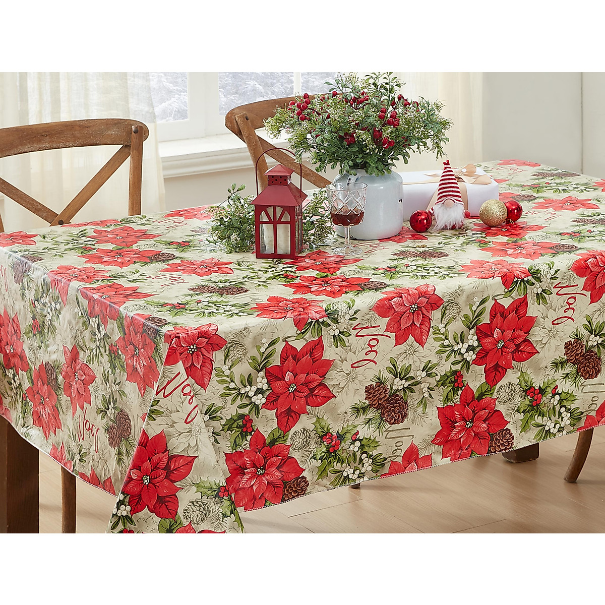 Newbridge Majestic Winter Poinsettia Festive Floral Christmas Print Vinyl Flannel Backed Tablecloth, Noel and Holly Berry Xmas Easy Care Wipe Clean Tablecloth, 60 Inch x 84 Inch Oblong/Rectangle