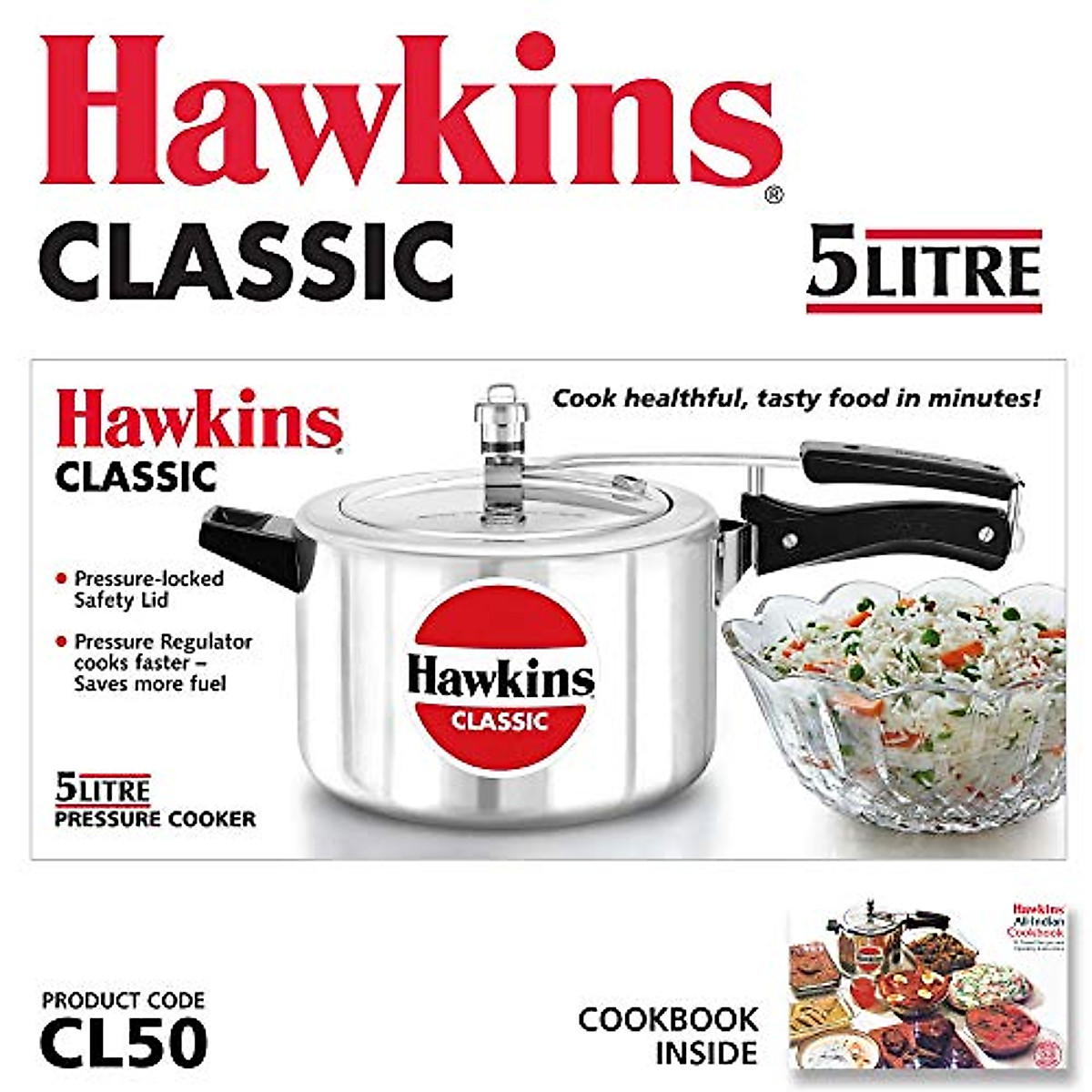 Hawkins Classic Aluminum Pressure Cooker, 5 L, Silver