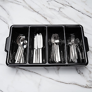 RW Clean 21.9 x 14.2 x 3.5 Inch Silverware Organizer, 1 Crack-Resistant Cutlery Tray - 4 Compartments, Built-In Handles, Black Plastic Utensils Drawer Holder, Wrap-Resistant, For Kitchen Organization