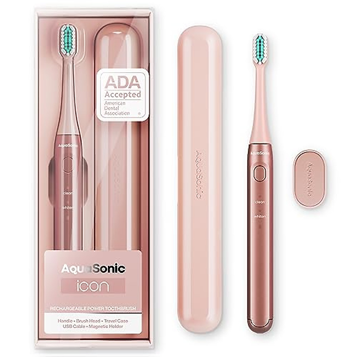 Aquasonic Icon ADA-Accepted Rechargeable Toothbrush | Magnetic Holder & Slim Travel Case | 2 Brushing Modes & Smart Timers | Modern & Convenient (Blush)