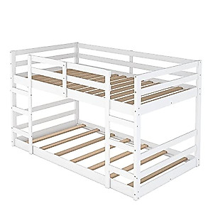 Harper & Bright Designs Twin Over Twin Bunk Bed for Kids, Low Bunk Bed with Ladder and Safety Guard Rails, Solid Wood Bunk Bed Frame. No Box Spring Needed (White)
