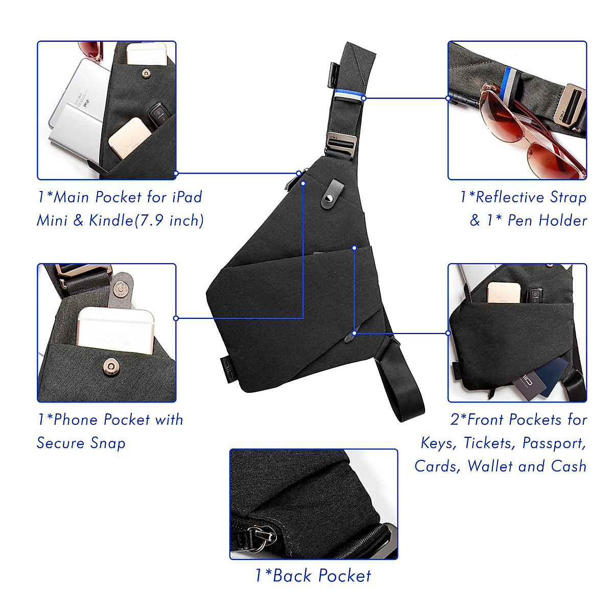 NIID Sling Shoulder Bag Anti-Theft Lightweight Crossbody Chest Daypack Backpack for Men Casual Travel Hiking, Fino NEO Dark Grey