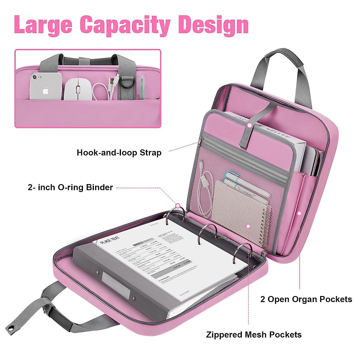 Betoores Zipper Binder, 3 Ring 2 Inch School Binder, 500 Sheet Capacity Binder with Zipper for Girl and Boy, Compatible with 13-Inch MacBook, Handle and Shoulder Strap Included (Pink)