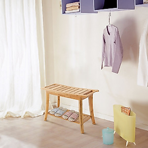 OasisSpace Bamboo Shower Bench, 24" Waterproof Shower Chair with Storage Shelf, Wood Spa Bath Organizer Seat Stool, Perfect for Indoor or Outdoor