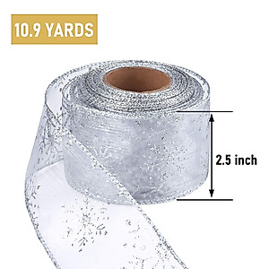 Livder 2.5 Inch Wide Christmas Wired Ribbon Snowflake Organza Sheer Glitter Ribbon for Xmas Tree, Wreath, Party Decoration, Gift Wrapping (Silver-White, 10.9 Yards)