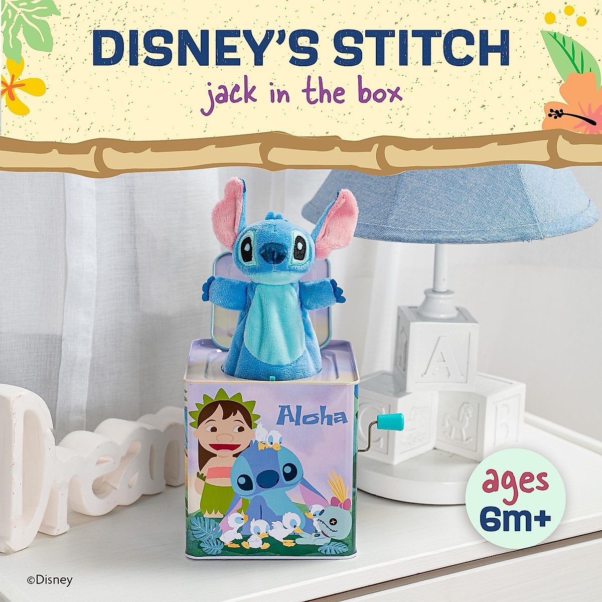 KIDS PREFERRED Disney Baby Lilo and Stitch Classic Jack in The Box Musical Toys for Babies and Toddlers, Pop Goes Stitch from A Colorful Box, 5 Inches