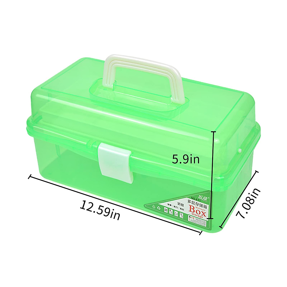 Zhousensen 13in Three-Layer Clear Art Storage Box Craft Organizer, Folding Tool Box with Handle, Art & Crafts Case/Sewing Supplies Organizer for Home School Office Travel (Green)