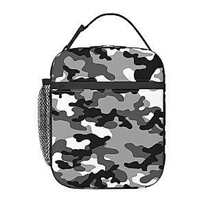 SUPLUCHOM Lunch Box Black White Camo Camouflage Insulated Bag Reusable with Side Pocket for Work School Picnic Hiking Daytrip Kids Boy Men Student Over 3 Years Old
