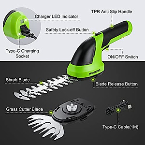 WORKPRO Cordless Grass Shear & Shrubbery Trimmer - 2 in 1 Handheld Hedge Trimmer 7.2V Electric Grass Trimmer Hedge Shears/Grass Cutter Rechargeable Lithium-Ion Battery and Type-C Cable Included